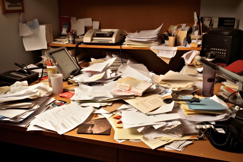 A Cluttered Desk with Papers, Documents, and Gadgets, Illustrating a ...