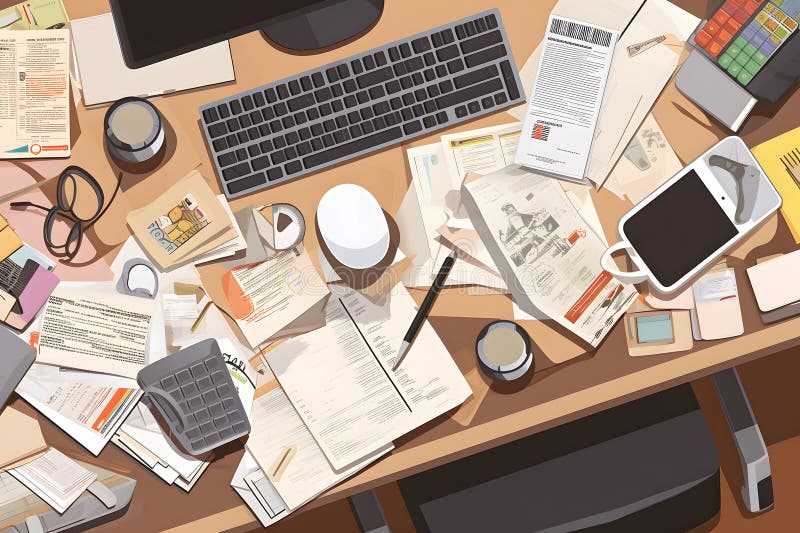 A Cluttered Desk with Papers, Documents, and Gadgets, Illustrating a ...