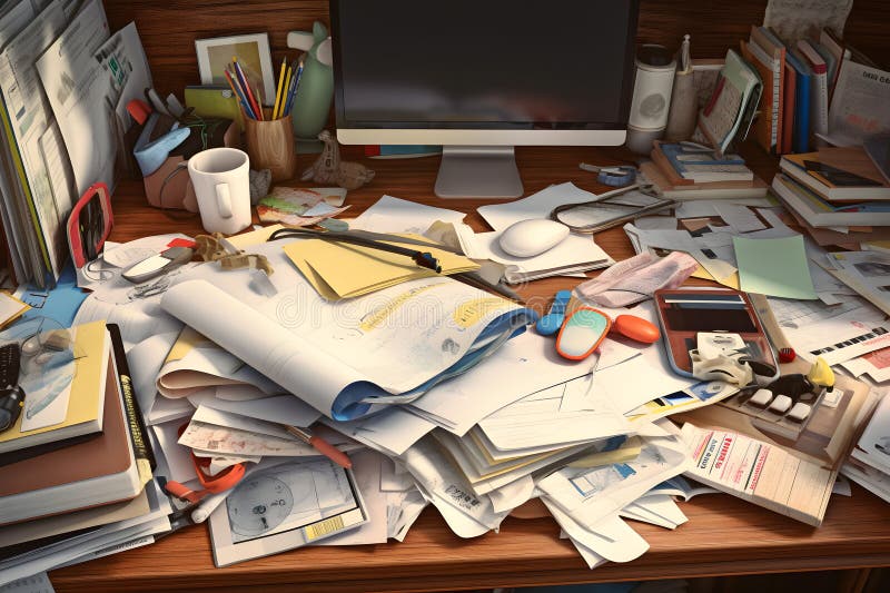 A Cluttered Desk with Papers, Documents, and Gadgets, Illustrating a ...