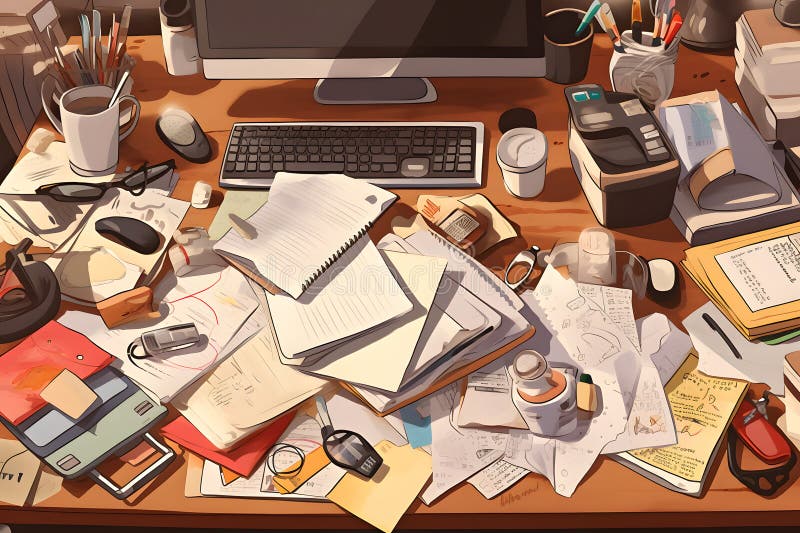 A Cluttered Desk with Papers, Documents, and Gadgets, Illustrating a ...