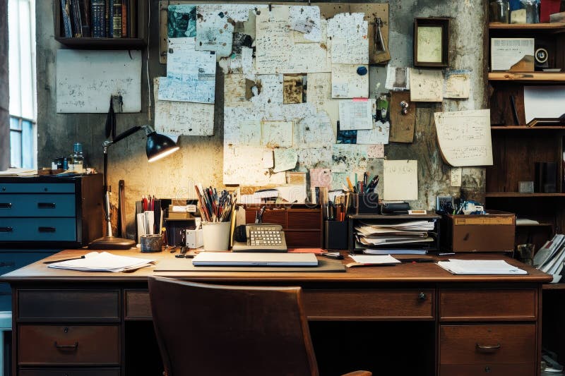 A Cluttered Desk with Papers, Pencils, a Lamp and a Laptop Stock ...