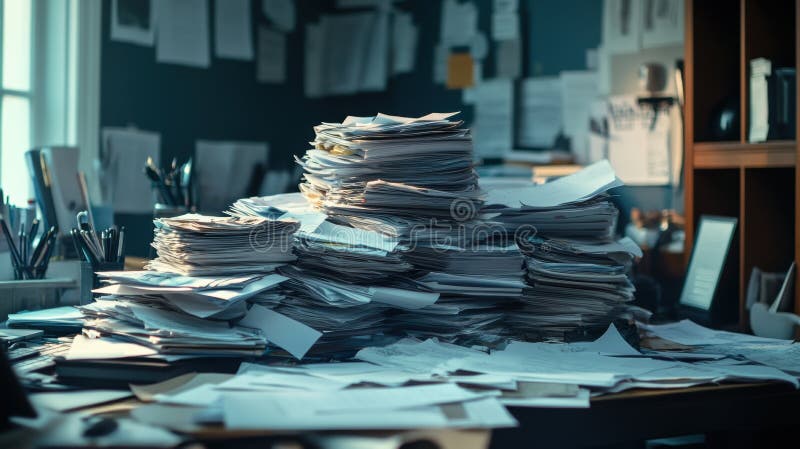 Cluttered Desk with Piles of Papers, Exemplifies Chaotic Workspace ...