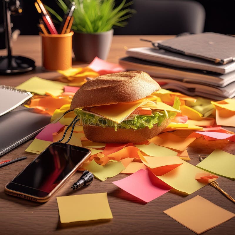 A Cluttered Desk with Scattered Sticky Notes, a Smartphone Charging ...