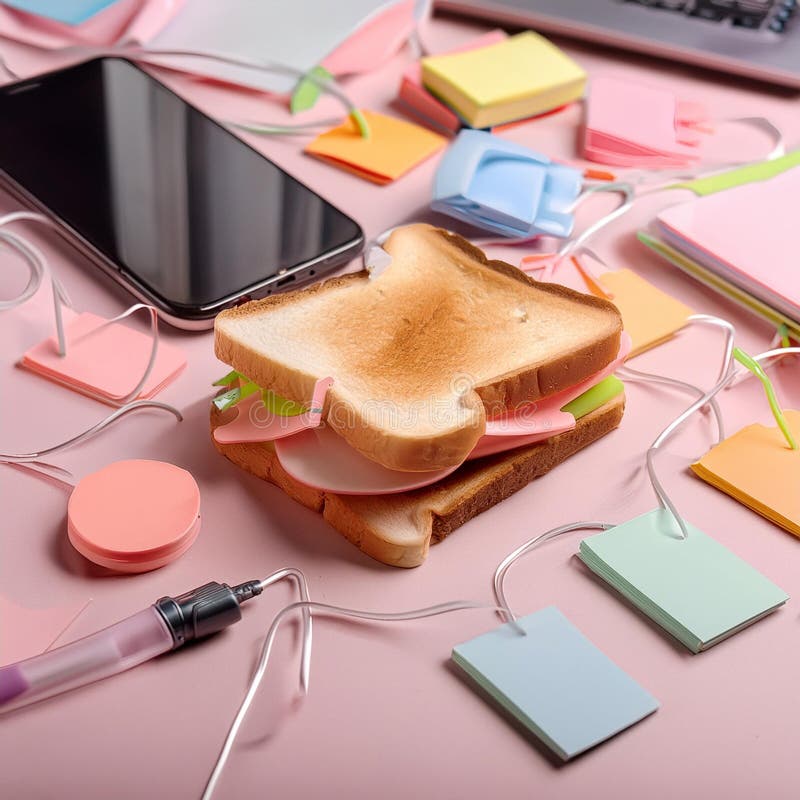A Cluttered Desk with Scattered Sticky Notes, a Smartphone Charging ...