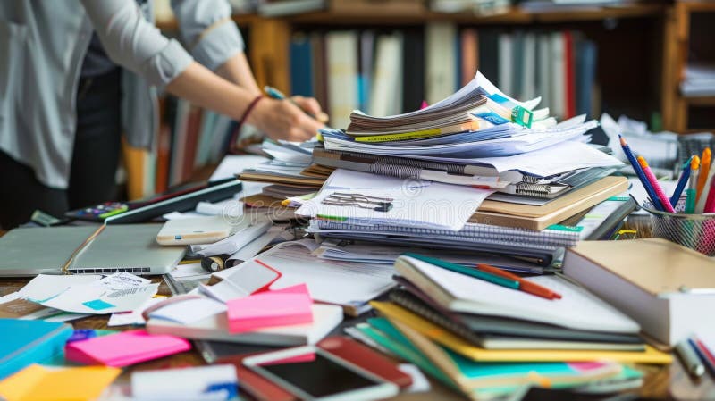 Cluttered Desk with Stack of Papers Stock Image - Image of notebooks ...