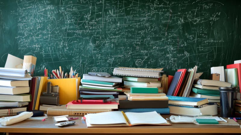 Cluttered Desk with Textbooks and Notebooks before a Chalkboard of ...