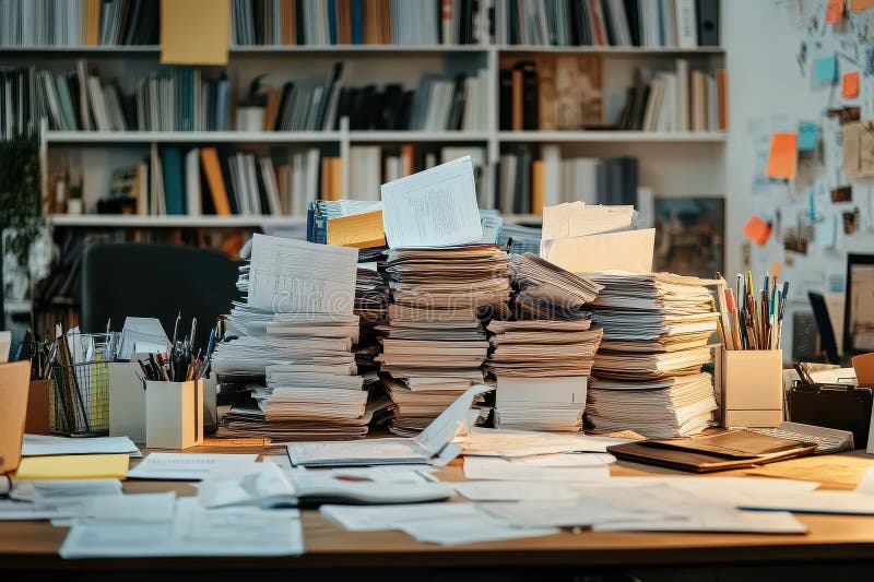 A Cluttered Desk with a Towering Stack of Paperwork and Office Supplies ...