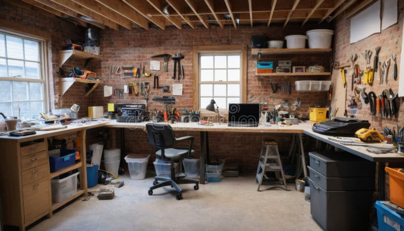 Industrial Workshop Interior with Brick Walls Workbenches and Tools AI ...