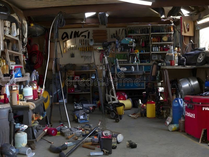 A Cluttered Garage with Oil Canisters Scattered with Stuff. Stock ...