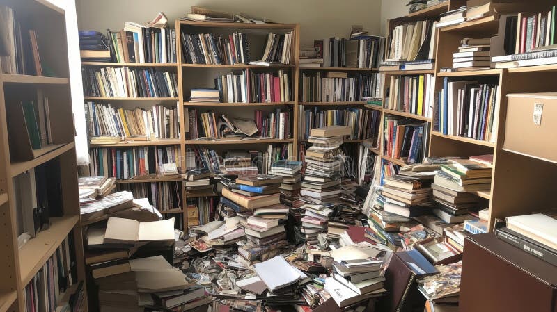 Cluttered Home Library with Stacks of Books and Shelves for Reading and ...