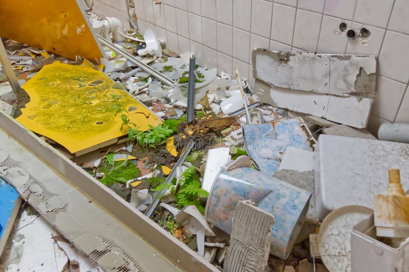 Cluttered Interior Space with Debris and Greenery Stock Image - Image ...