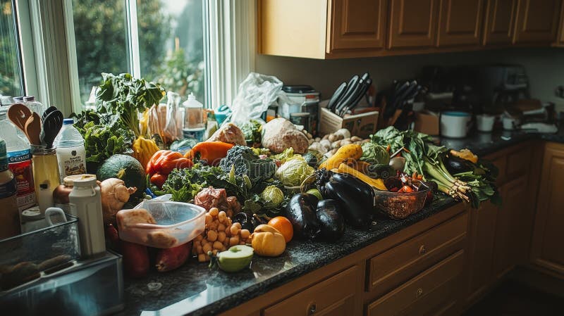 A Cluttered Kitchen Counter Filled with Fresh Vegetables and Fruits ...