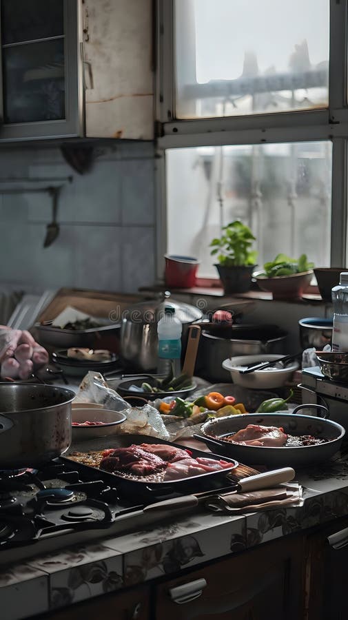Cluttered Kitchen Counter with Various Cooking Utensils and Fresh ...