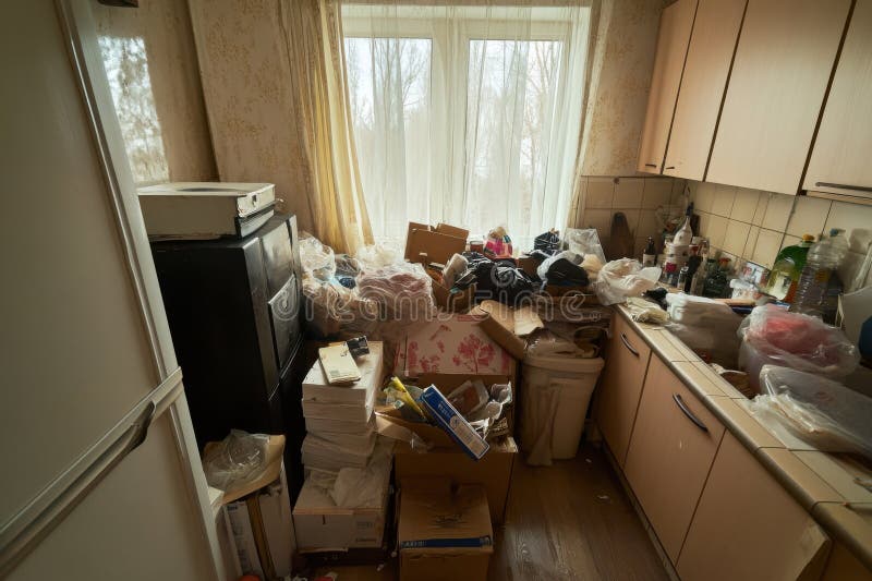 Cluttered Kitchen Interior with Various Household Items and ...