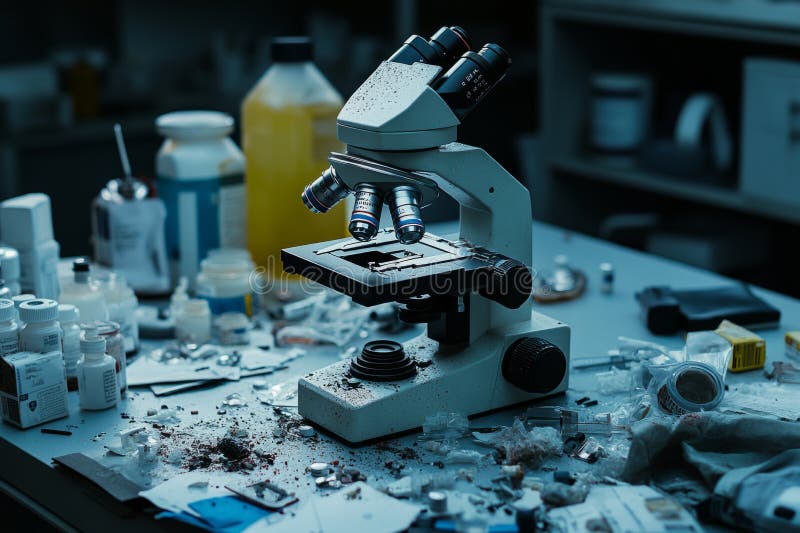 A Cluttered Laboratory Scene Featuring a Microscope and Various ...