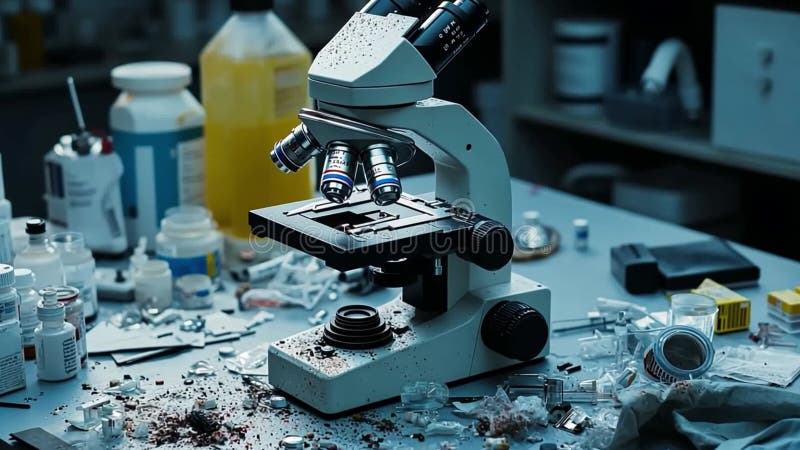 A Cluttered Laboratory Scene Featuring a Microscope and Various ...
