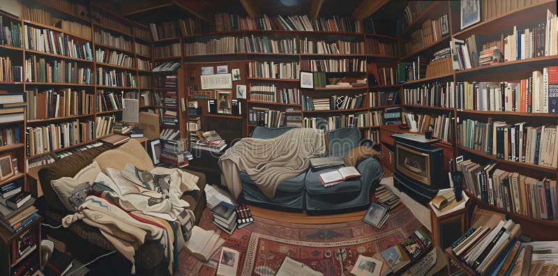 A Cluttered Library with Bookshelves, Sofas, and Scattered Papers ...