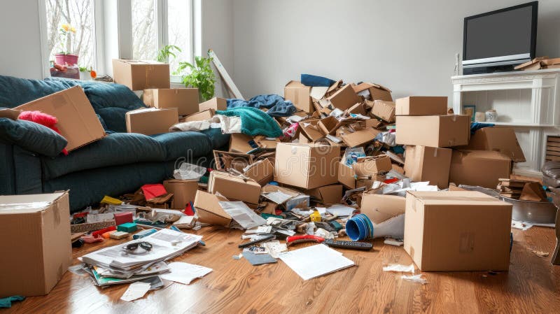 Cluttered Living Room Filled with Cardboard Boxes and Disorganized ...