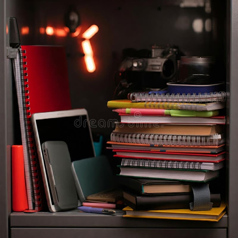 A Cluttered Locker Filled with Various Notebooks, a Tablet, a ...
