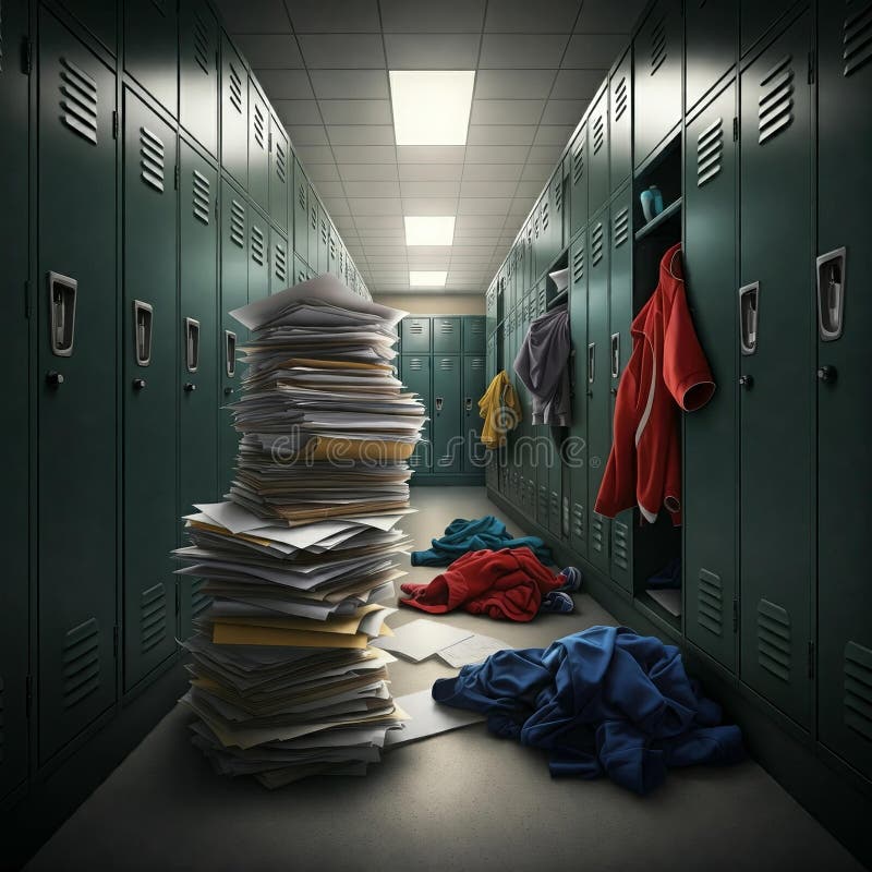 A Cluttered Locker Room with a Tall Stack of Papers and Scattered ...