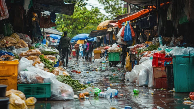 A Cluttered Market Scene with Waste and Debris Scattered Along the ...