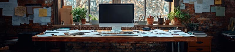 A Cluttered Office Desk Filled with Papers Plants and a Computer Stock ...