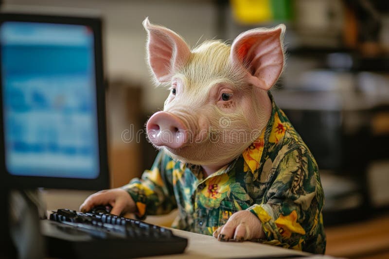 At a Cluttered Office Desk within an Industrial Setting, a Pig Dressed ...