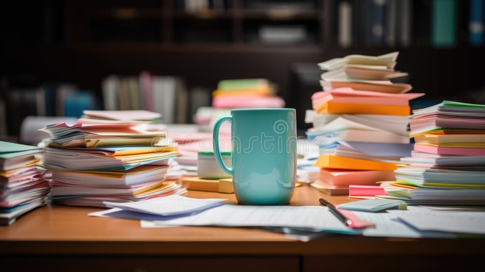 Cluttered Office Desk with Multiple Stacks of Colorful Papers and ...