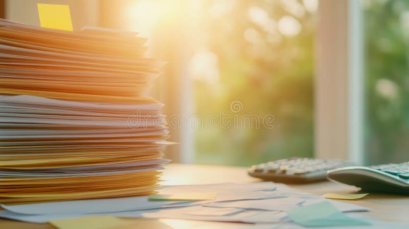 Cluttered Office Desk with Overdue Financial Documents, Calculator ...