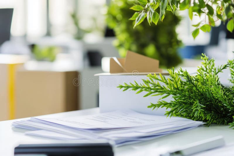 A Cluttered Office Desk with Papers and a Small Plant, Great for ...