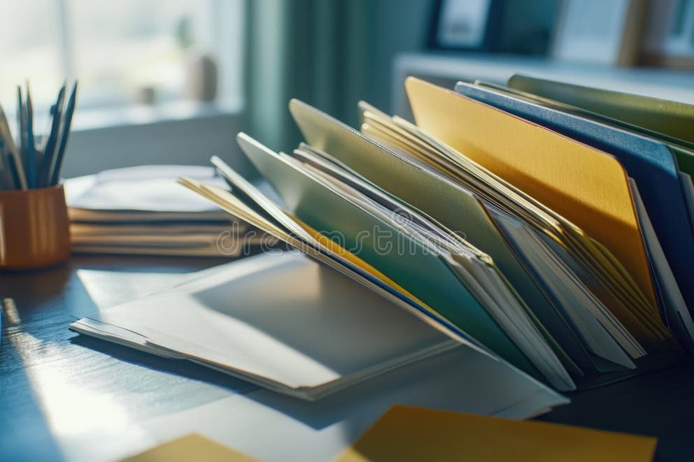 A Cluttered Office Desk with a Stack of Papers and Files Stock Image ...