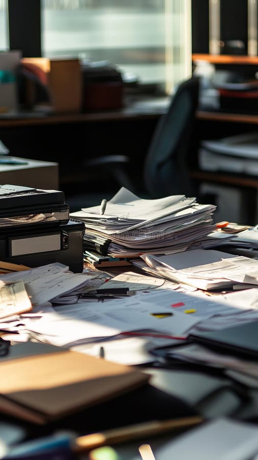 Cluttered Office Desk with Stacks of Papers and Documents in Sunlit Workspace Stock Illustration ...