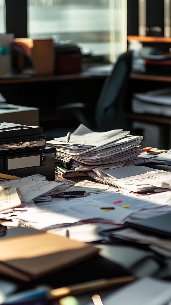 Cluttered Office Desk with Stacks of Papers and Documents in Sunlit ...
