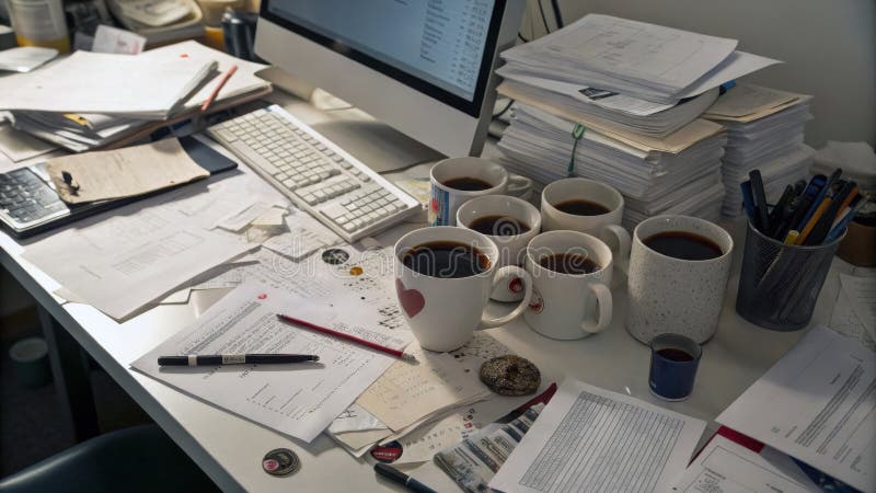 Cluttered Office Desk Top View Stock Image - Image of view, workspace ...