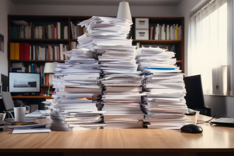 Cluttered Office Desk with a Towering Pile of Documents Indicating ...
