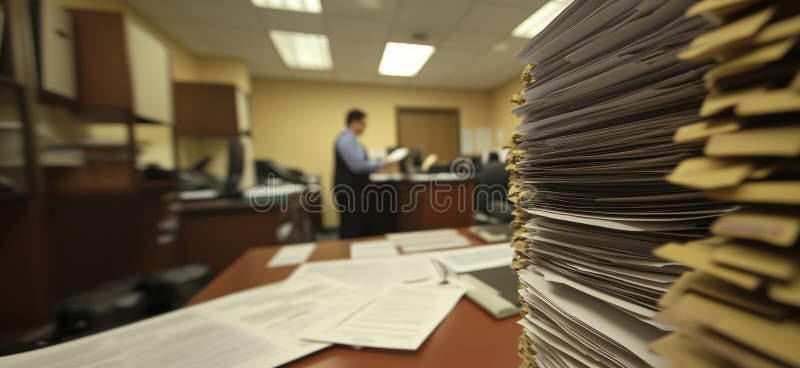 Cluttered Office Environment with Stacked Paperwork and Employee ...