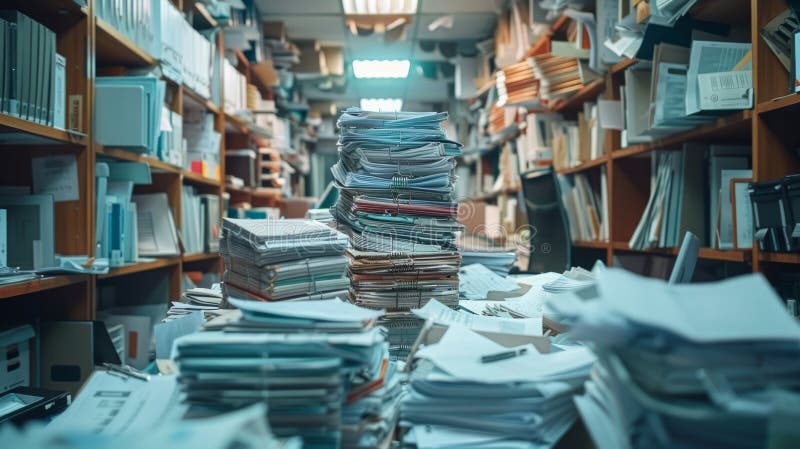A Cluttered Office Space Filled with Stacks of Disorganized Papers and ...