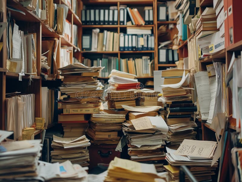 Cluttered Office with Stacks of Papers and Books Stock Image - Image of ...