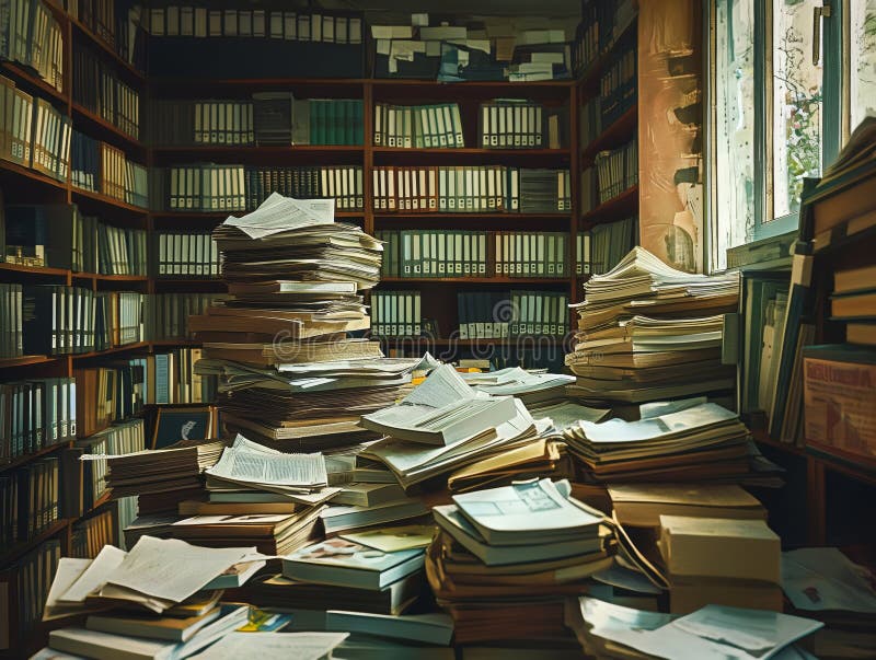 Cluttered Office with Stacks of Papers and Books Stock Image - Image of ...