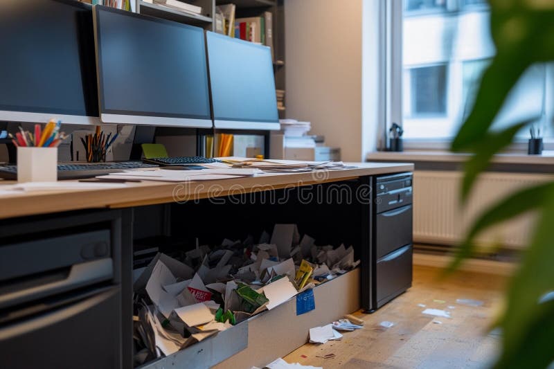 Cluttered Office Workspace with Unorganized Papers and Computer Setup ...