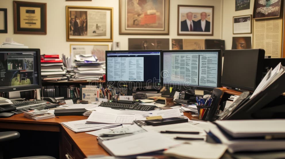 Cluttered Office Workspace with Multiple Monitors and Paperwork Stock ...
