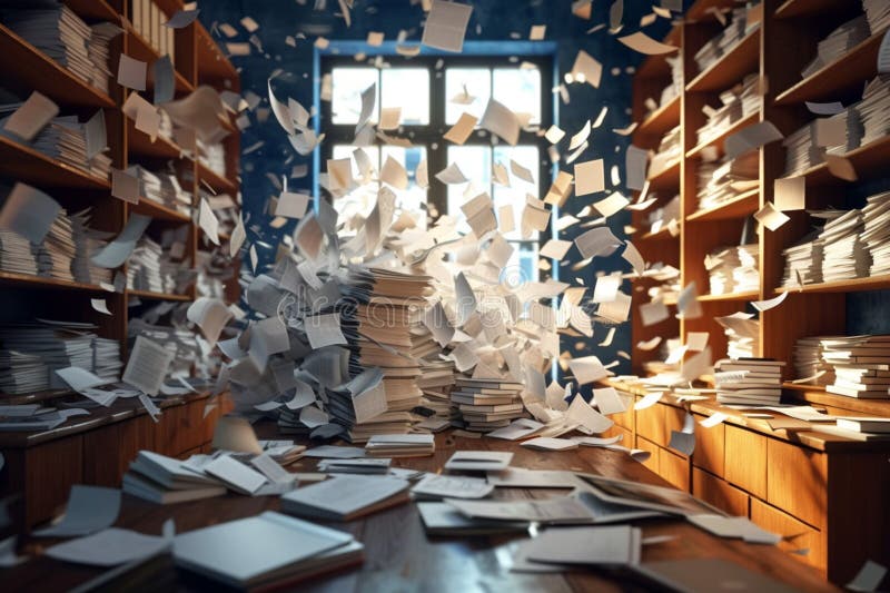 Cluttered Office Workspace with Papers Flying, Creating a Chaotic Scene ...