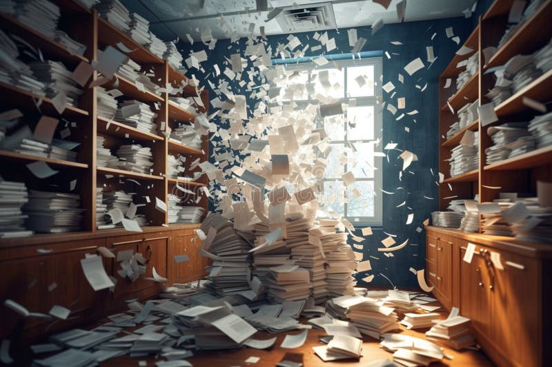 Cluttered Office Workspace with Papers Flying, Creating a Chaotic Scene ...