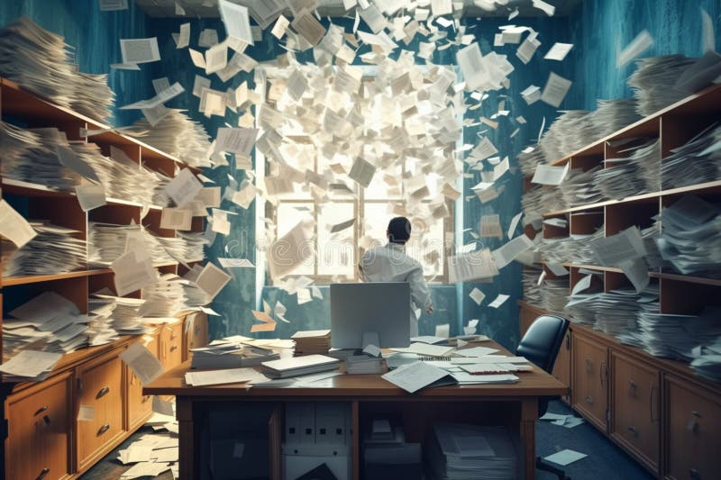 Cluttered Office Workspace with Papers Flying, Creating a Chaotic Scene ...