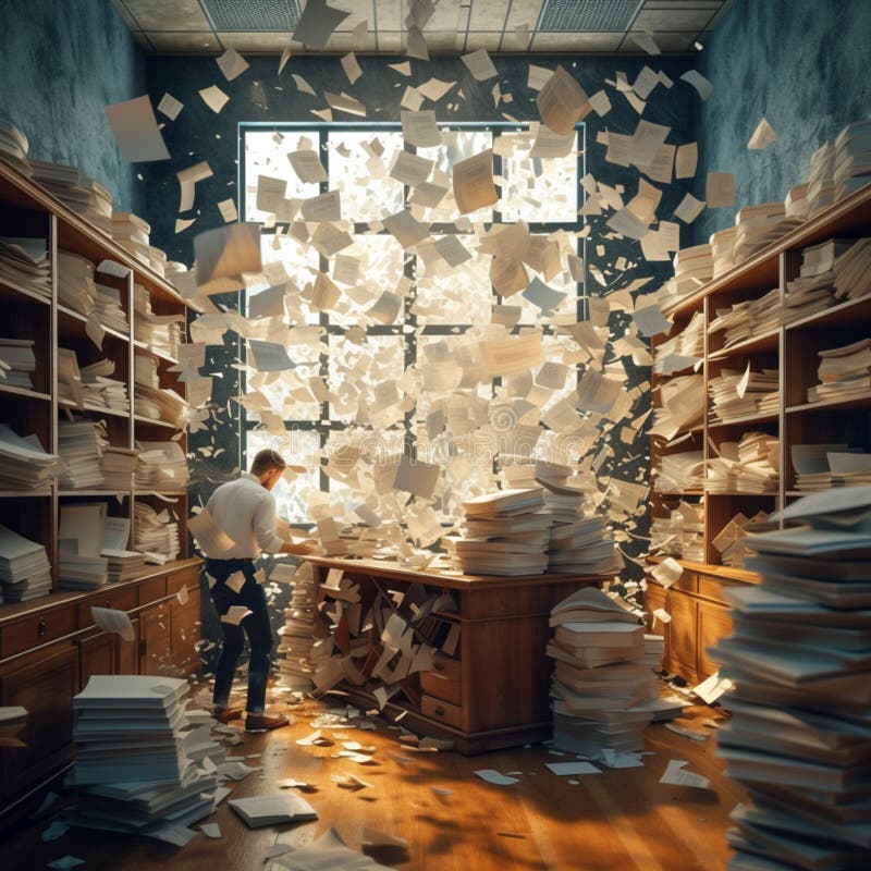 Cluttered Office Workspace with Papers Flying, Creating a Chaotic Scene ...
