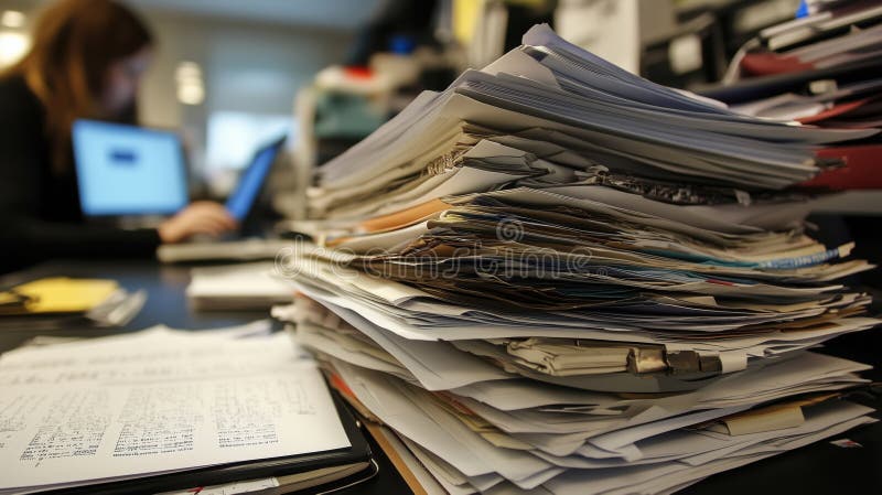 Cluttered Paperwork Stack, Disorganized Office Environment, Person ...