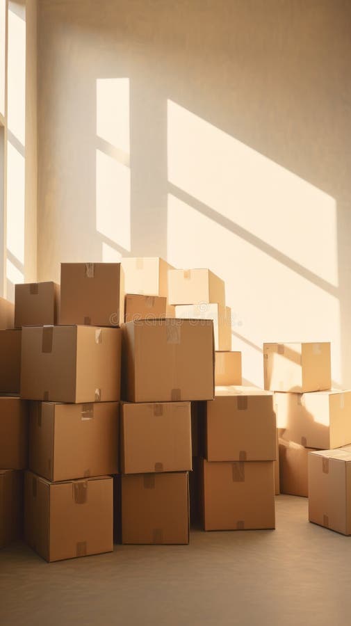A Cluttered Room with Boxes Stacked Next To a Window Stock Photo ...