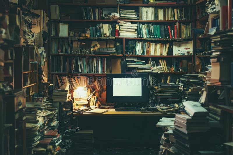 A Cluttered Room Filled with Books, Papers, and a Computer Stock Illustration - Illustration of ...
