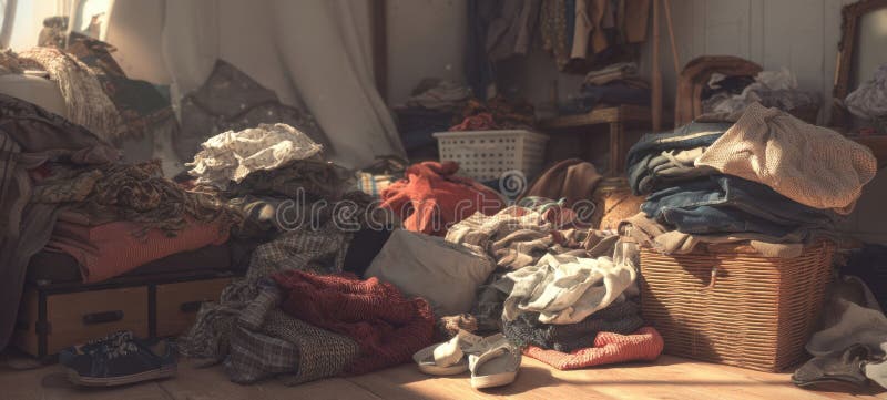 The Cluttered Room Filled with Piles of Unorganized Clothes and Laundry ...