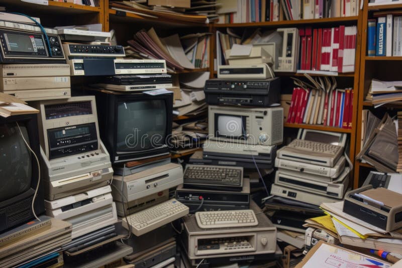 A Cluttered Room with Many Old Computers and Televisions. Stock Image ...